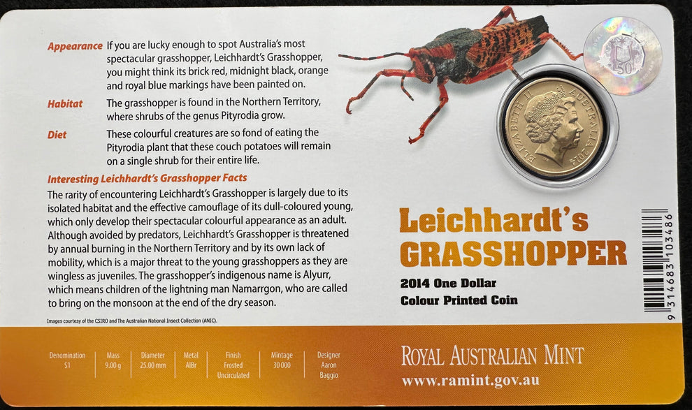 2014 $1 Bright Bugs Series – Leichhardt's Grasshopper Uncirculated Coi ...